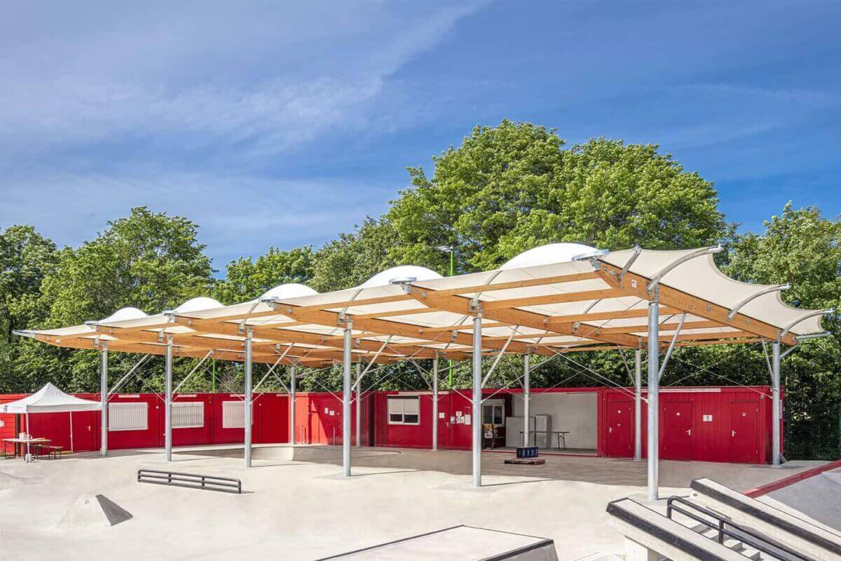 Sports court canopy construction: Skatepark canopy, Basketball court canopy